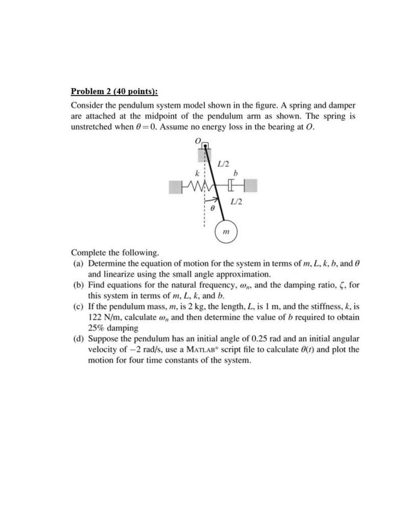 Solved Problem 2 (40 points): Consider the pendulum system | Chegg.com