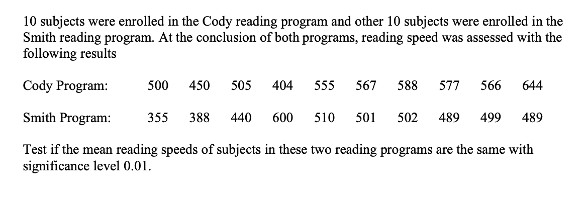 Solved 10 subjects were enrolled in the Cody reading program | Chegg.com