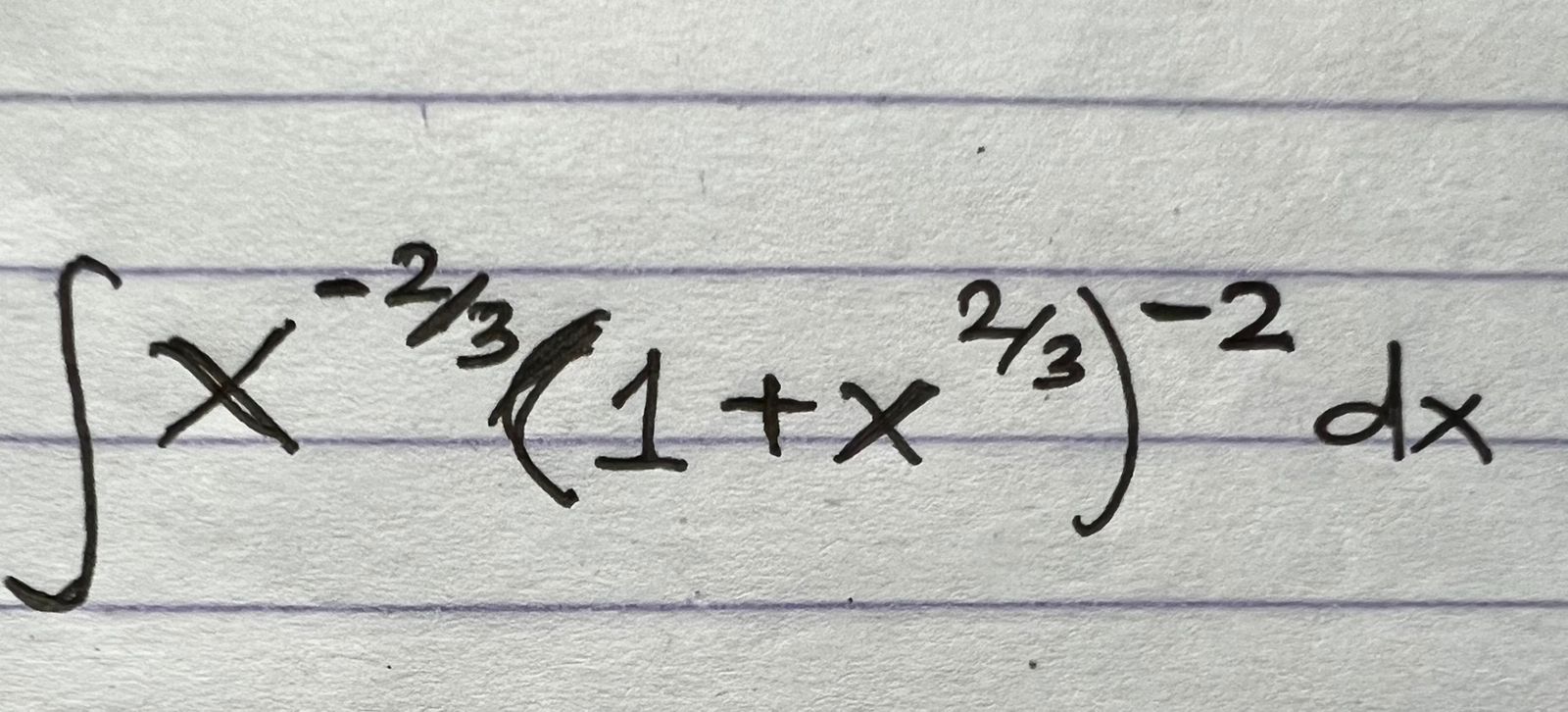 Solved ∫x−2/3(1+x2/3)−2dx | Chegg.com