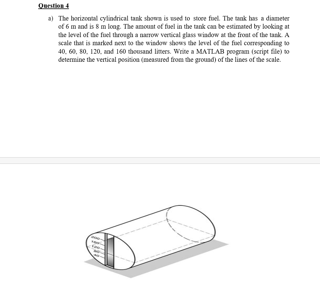 Solved Question 4 a) The horizontal cylindrical tank shown | Chegg.com