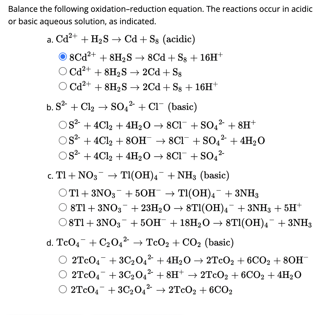 Solved Balance the following oxidation-reduction equation. | Chegg.com