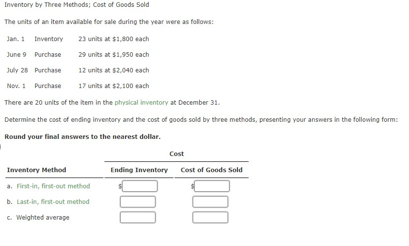 Solved Inventory by Three Methods; Cost of Goods Sold The | Chegg.com