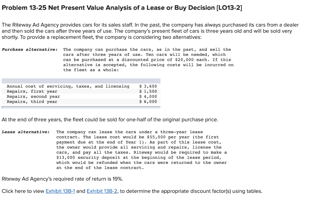 Solved Problem 13-25 Net Present Value Analysis of a Lease | Chegg.com