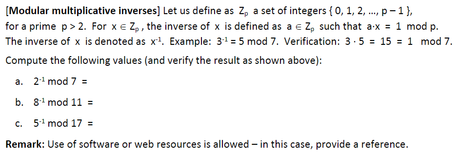 Solved [Modular multiplicative inverses] Let us define as Zp | Chegg.com