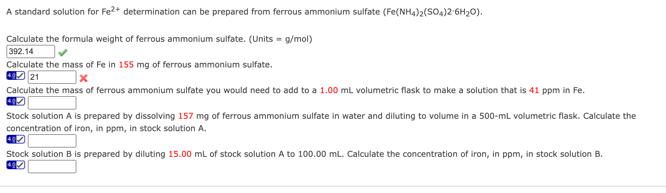 Solved A standard solution for Fe2+ determination can be | Chegg.com