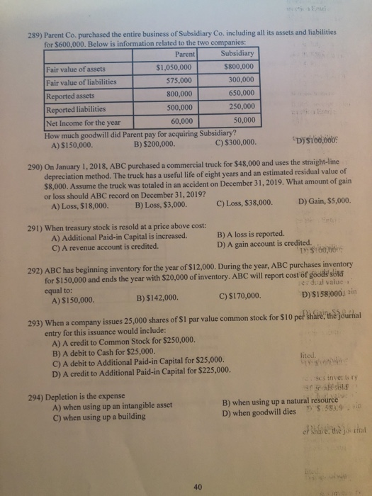 Solved 289) Parent Co. purchased the entire business of | Chegg.com