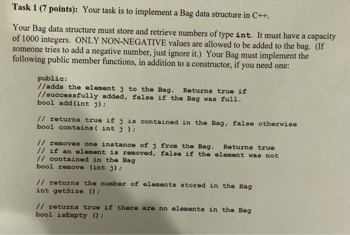 Solved Task 1 (7 points): Your task is to implement a Bag | Chegg.com