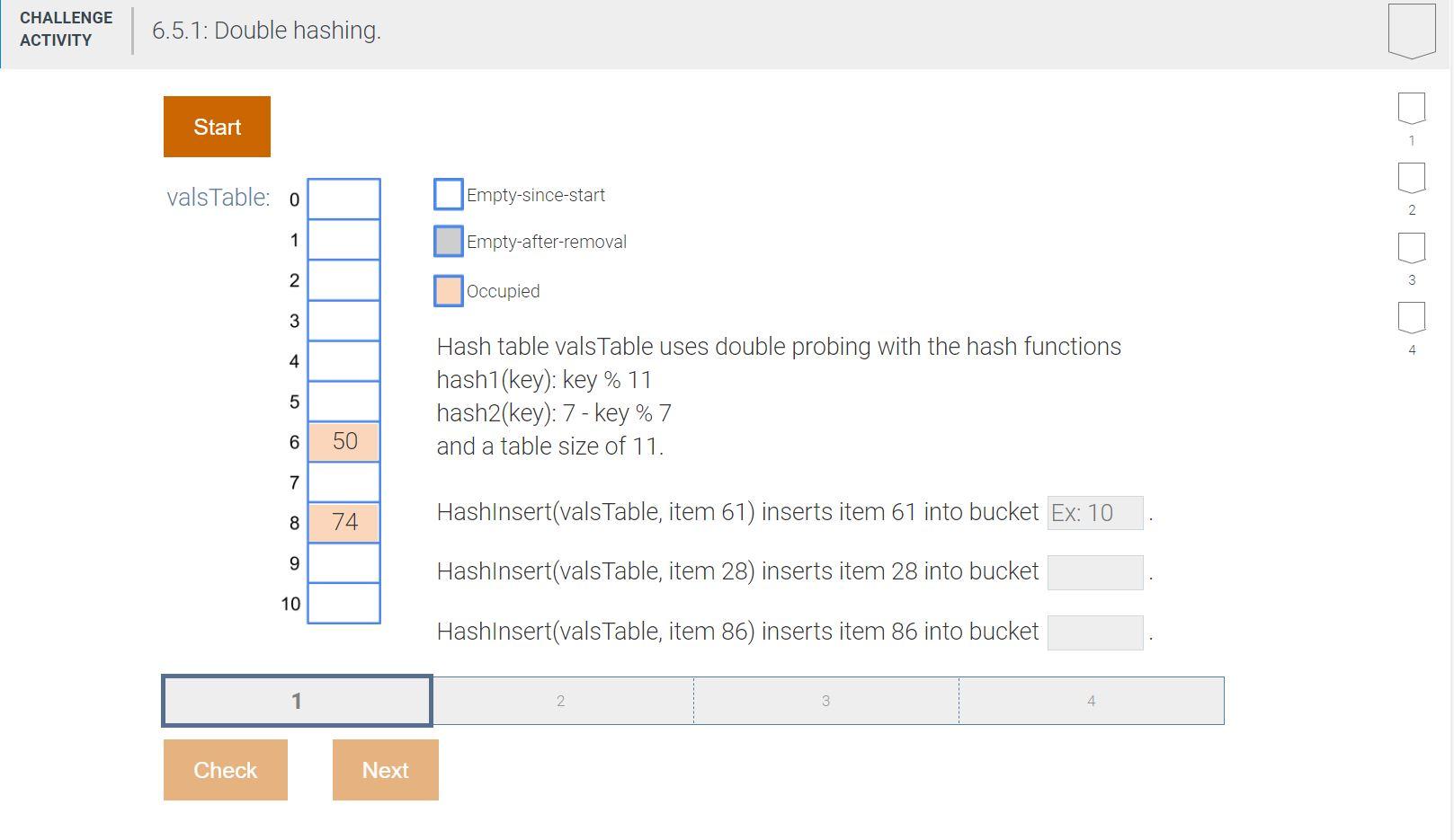 Solved CHALLENGE ACTIVITY 6.5.1: Double hashing. Start vals | Chegg.com