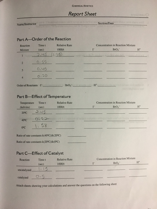 Solved CHEMICAL KINETICS Report Sheet Section/Date Part | Chegg.com