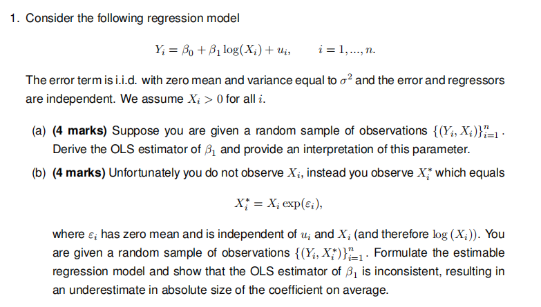 1. Consider the following regression model Y; = Bo + | Chegg.com