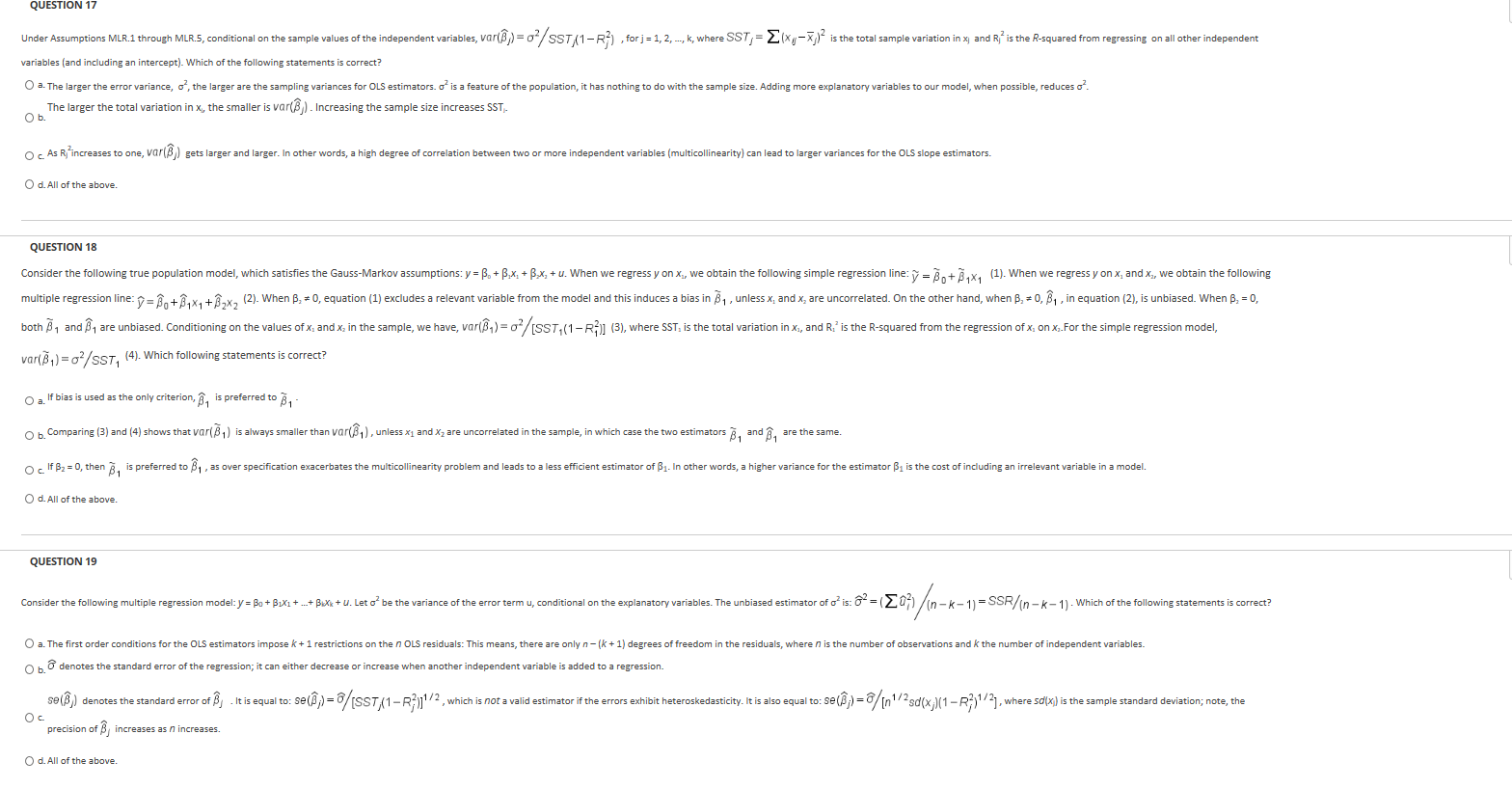 QUESTION 17 Under Assumptions MLR.1 through MLR.5, | Chegg.com