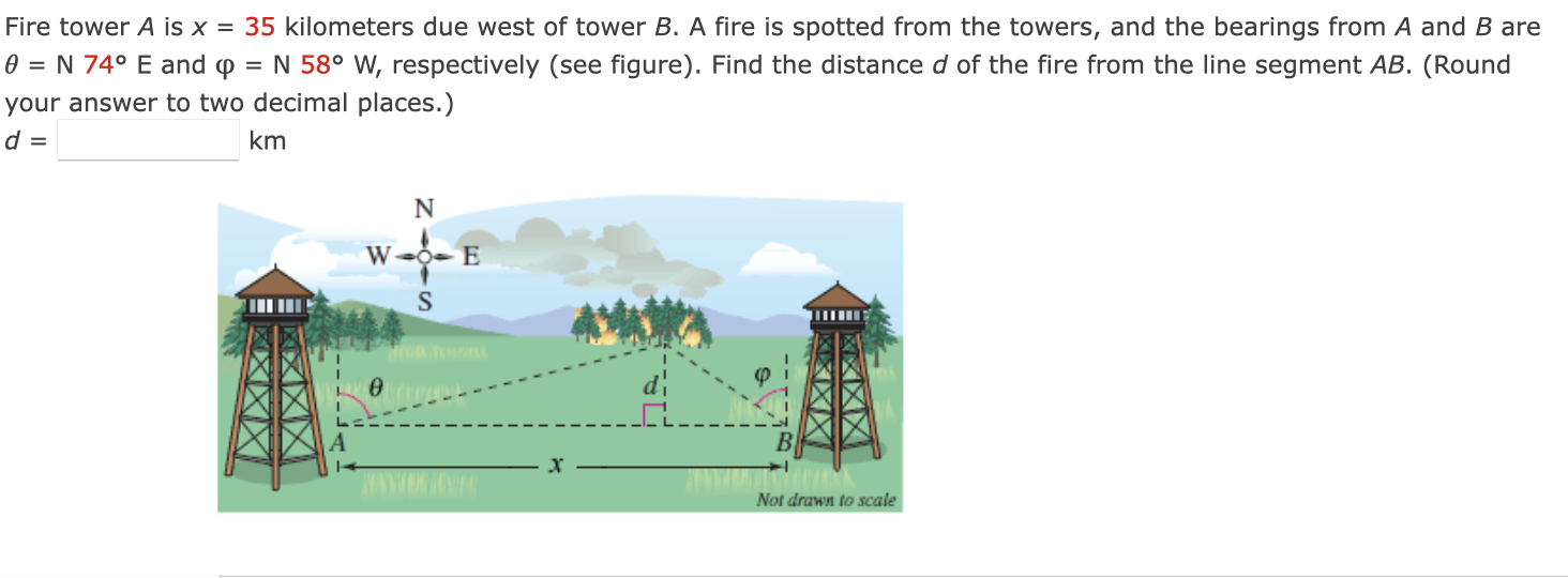 Fire tower A is x=35 kilometers due west of tower B. | Chegg.com