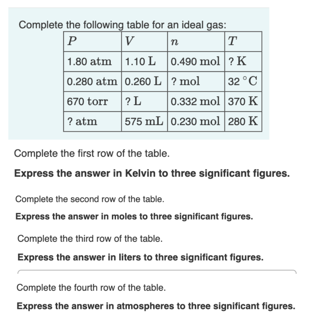 Solved Complete the following table for an ideal gas: P V п | Chegg.com