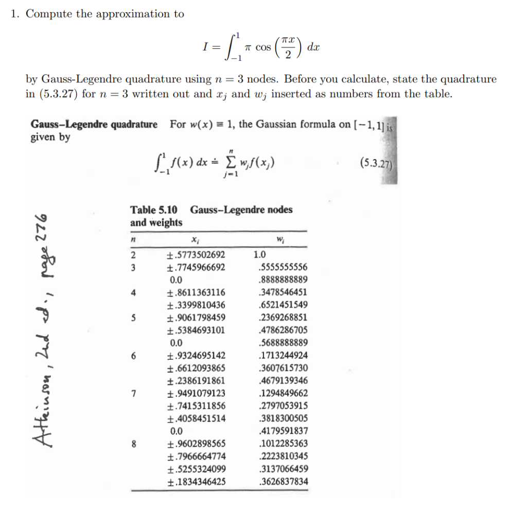Solved 1. Compute the approximation to I=∫−11πcos(2πx)dx by | Chegg.com