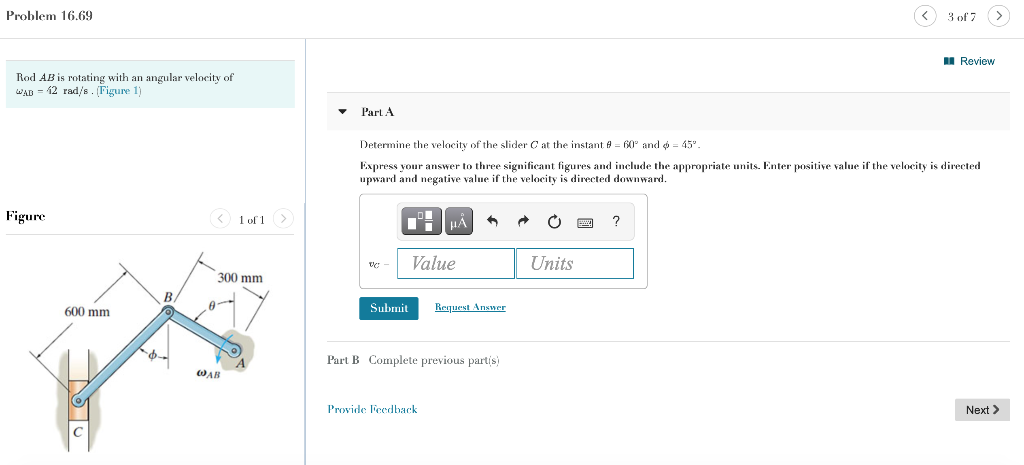 Solved Problem 16.69 3 of 7 II Review Rod AB is rotating | Chegg.com