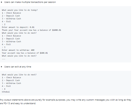 Solved Implement a basic command-line Automated Teller | Chegg.com