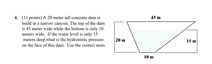 Solved 45 m 4. (11 points) A 20 meter tall concrete dam is | Chegg.com