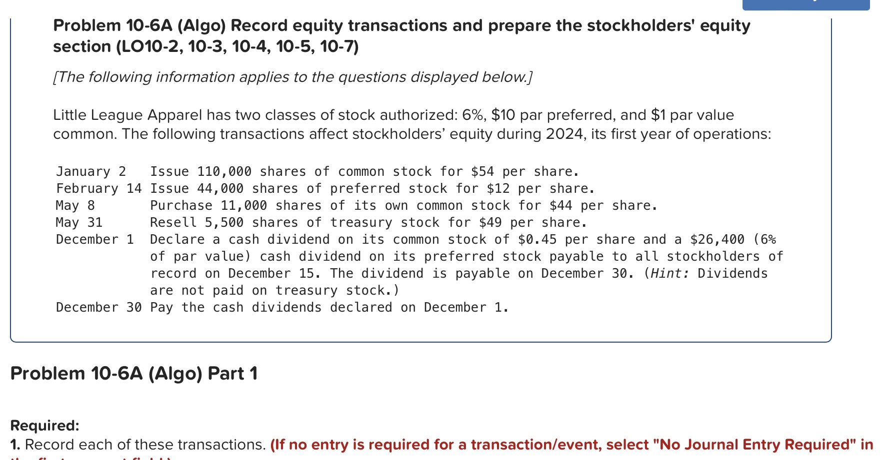 Solved Problem 10-6A (Algo) Record equity transactions and | Chegg.com
