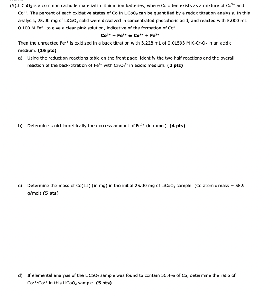 Solved (5). LiCoO2 is a common cathode material in lithium | Chegg.com