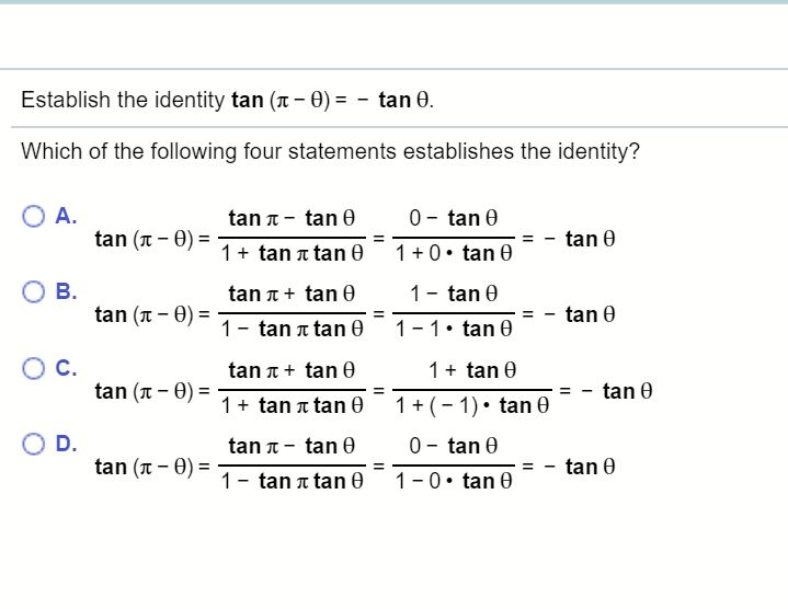 Solved Establish the identity tan ( 0) - tan Which of the | Chegg.com