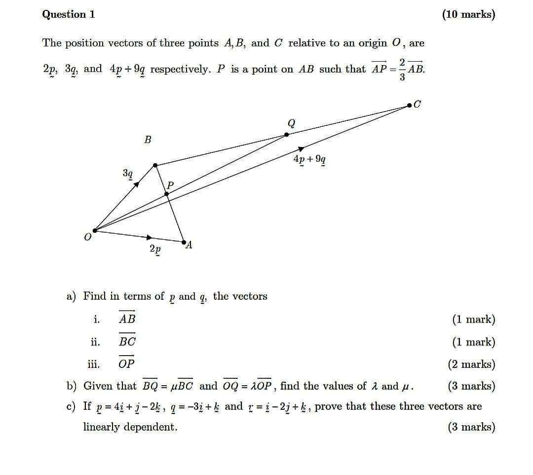 Solved Question 1 (10 marks) The position vectors of three | Chegg.com