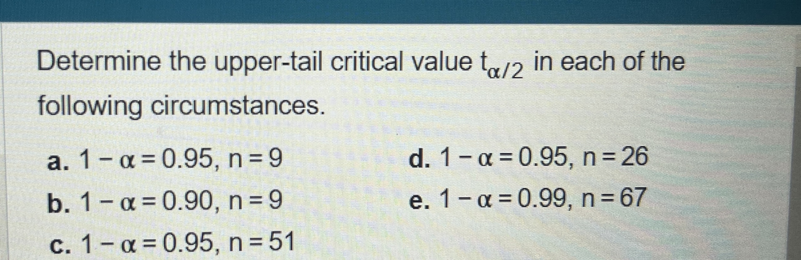 Solved Determine the upper tail critical value Determine the | Chegg.com Solved Determine the upper tail critical value Determine the | Chegg.com