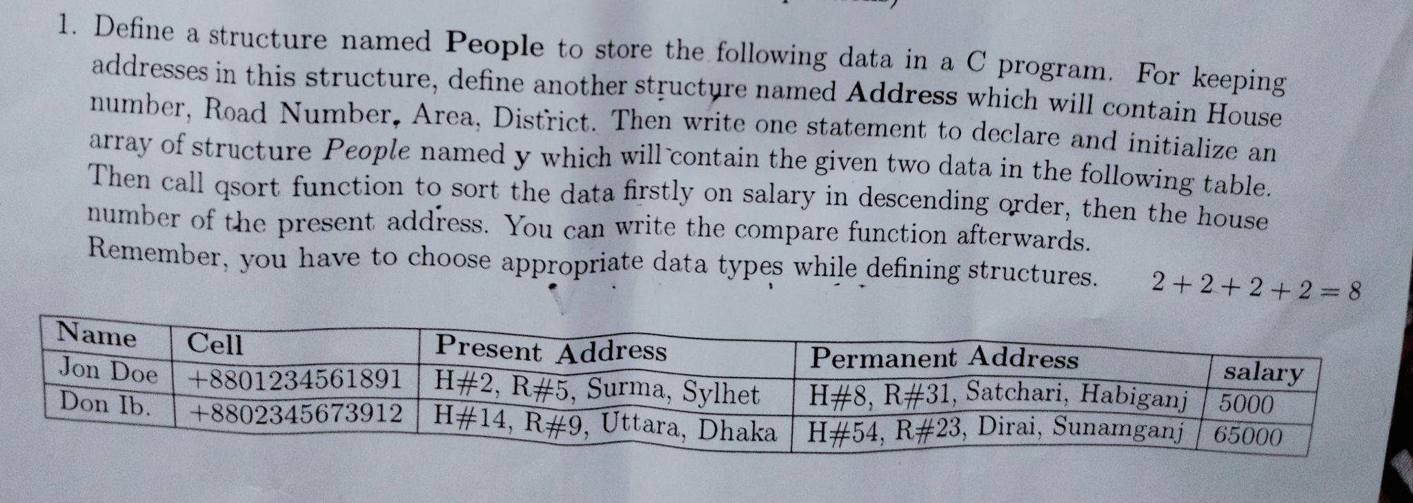 Solved 1. Define a structure named People to store the | Chegg.com