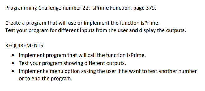 Solved Programming Challenge number 22: isPrime Function, | Chegg.com