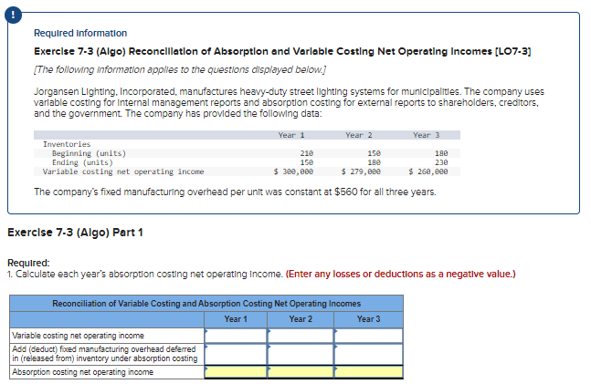 Solved Required information Exercise 7-3 (Algo) | Chegg.com