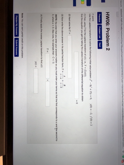 Solved h.ttu.edu HW06: Problem 2 (1 point) Lapiace transform | Chegg.com