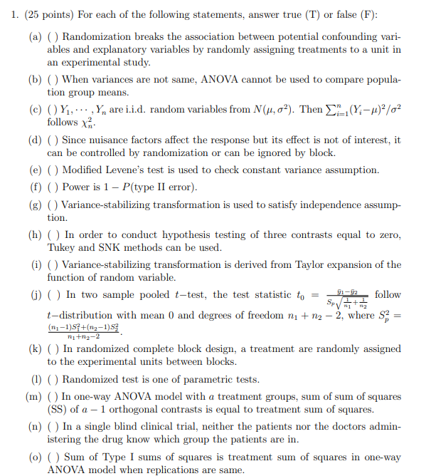 Solved (25 points) For each of the following statements, | Chegg.com