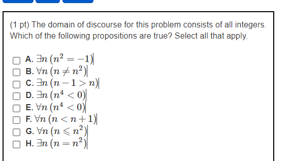 Solved (1 pt) The domain of discourse for this problem | Chegg.com
