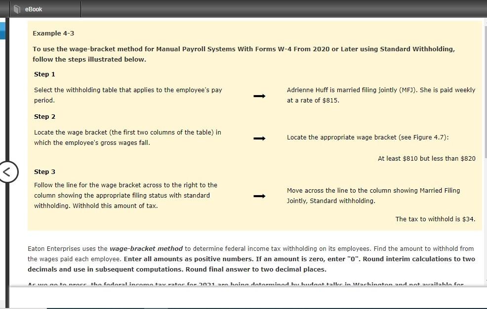 Solved 1 eBook Example 4-3 To use the wage-bracket method | Chegg.com