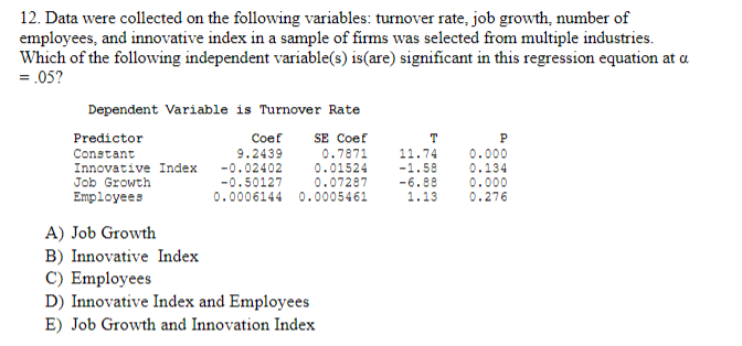 Solved 12. Data were collected on the following variables: | Chegg.com