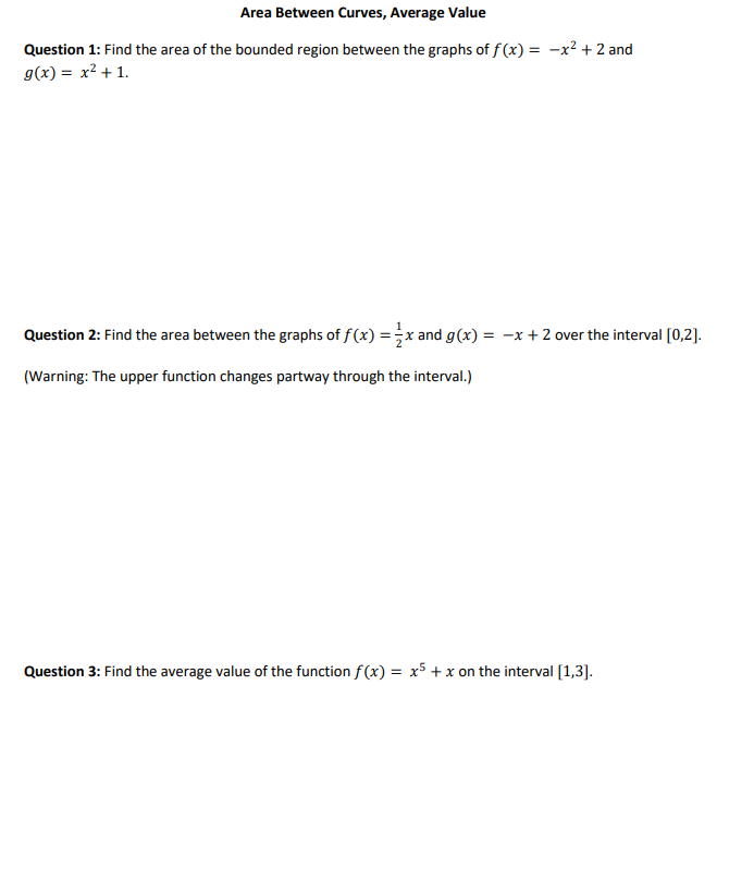 Solved Area Between Curves, Average Value Question 1: Find | Chegg.com