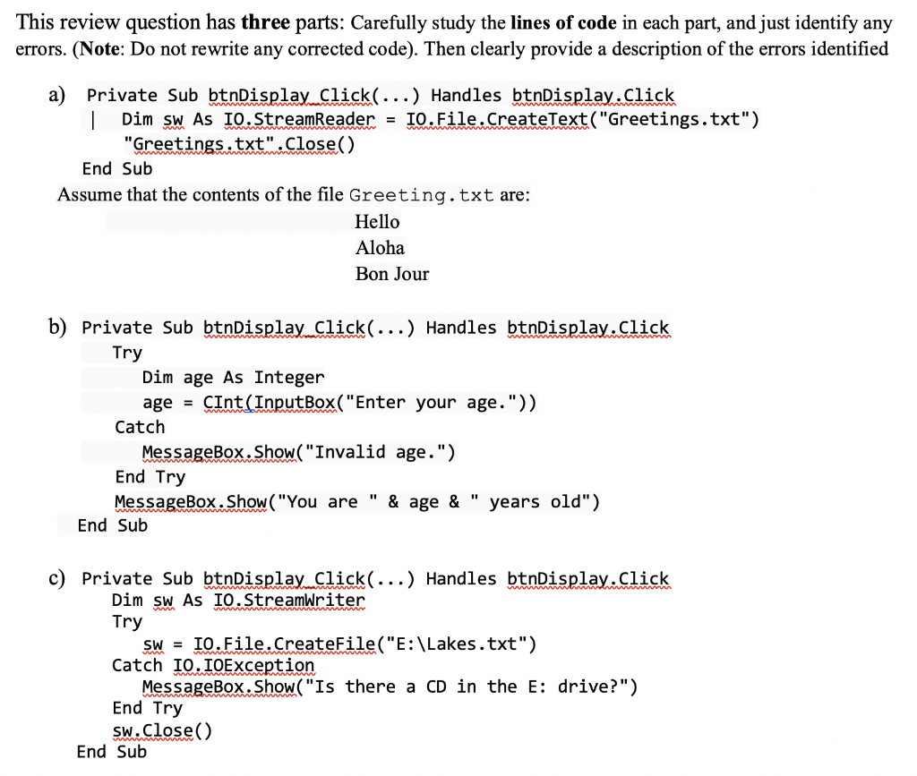 Review Question Three Parts Carefully Study Lines Code Part Identify ... Review Question Three Parts Carefully Study Lines Code Part Identify ...