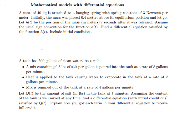 Solved Mathematical models with differential equations A | Chegg.com