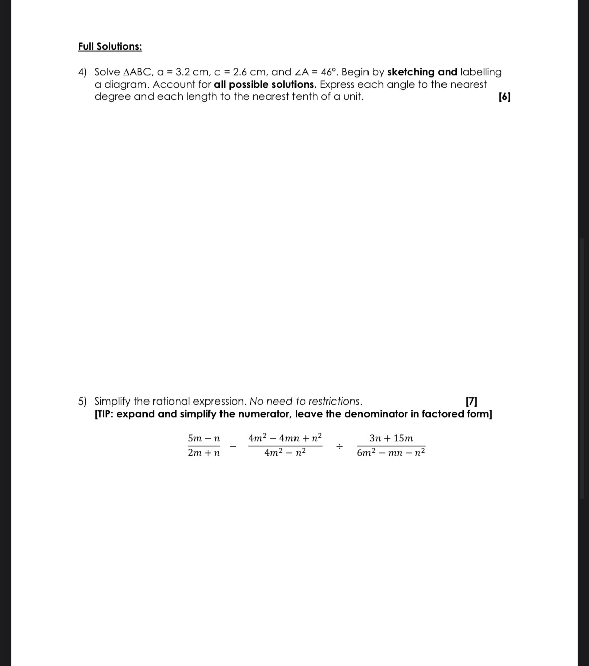 4) Solve \\( \\triangle A B C, a=3.2 \\mathrm{~cm}, | Chegg.com