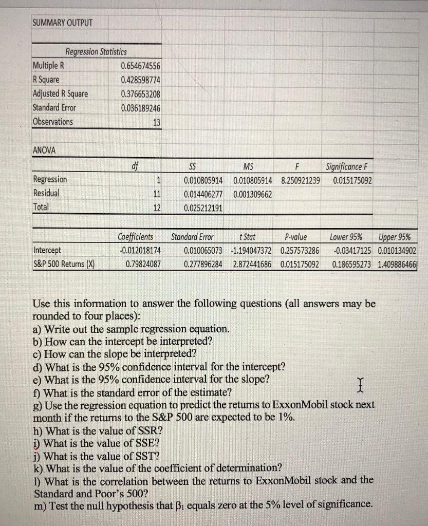 Solved SUMMARY OUTPUT Regression Statistics Multiple R | Chegg.com