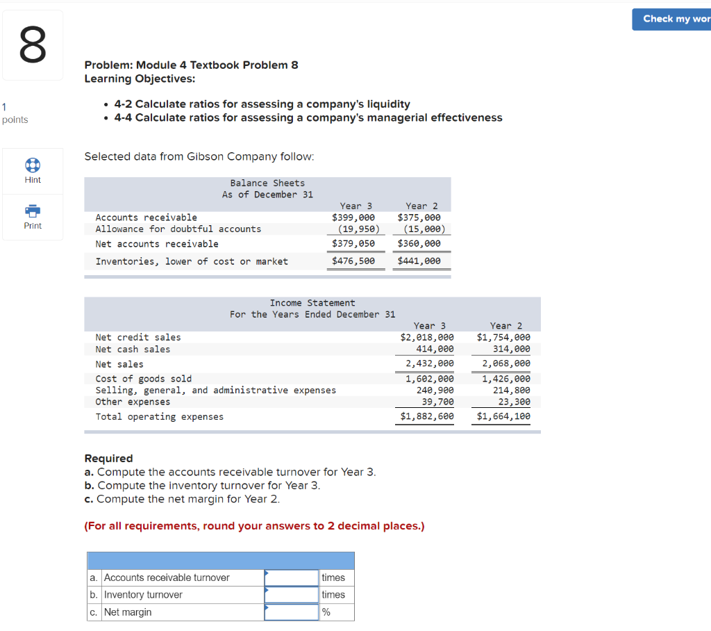 Solved Check my wor 8. Problem: Module 4 Textbook Problem 8 | Chegg.com