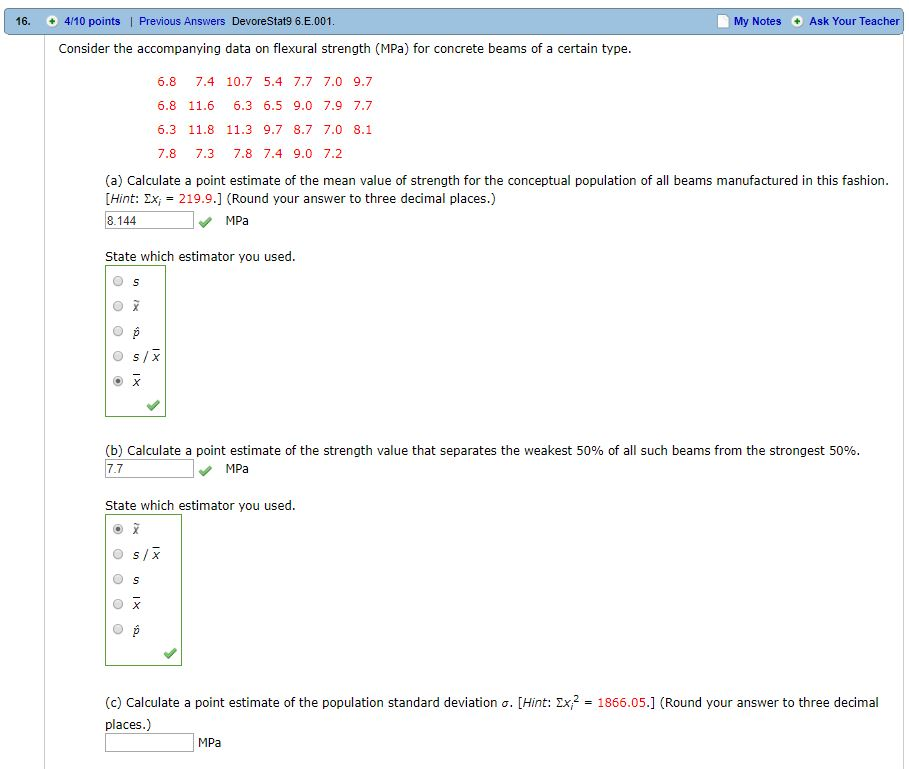 Solved 16. 4/10 points | Previous Answers DevoreStat9 | Chegg.com