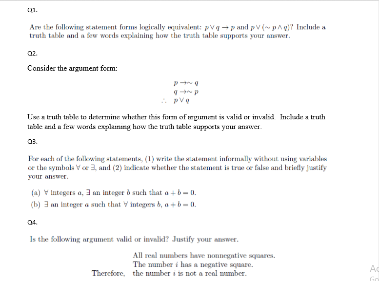Solved Q1. Are the following statement forms logically | Chegg.com