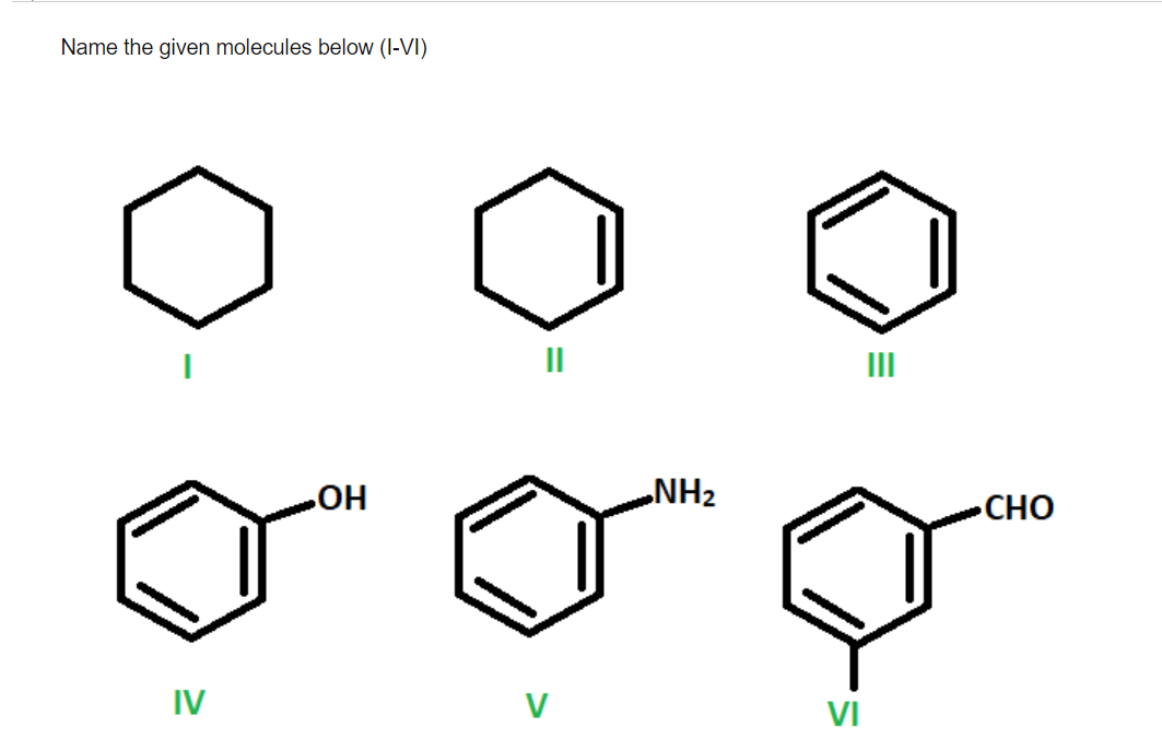 Solved Name the given molecules below (I-VI) OH NH2 CHO IV V | Chegg.com