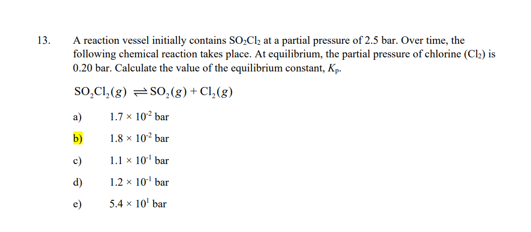 Solved A reaction vessel initially contains SO2Cl2 at a | Chegg.com
