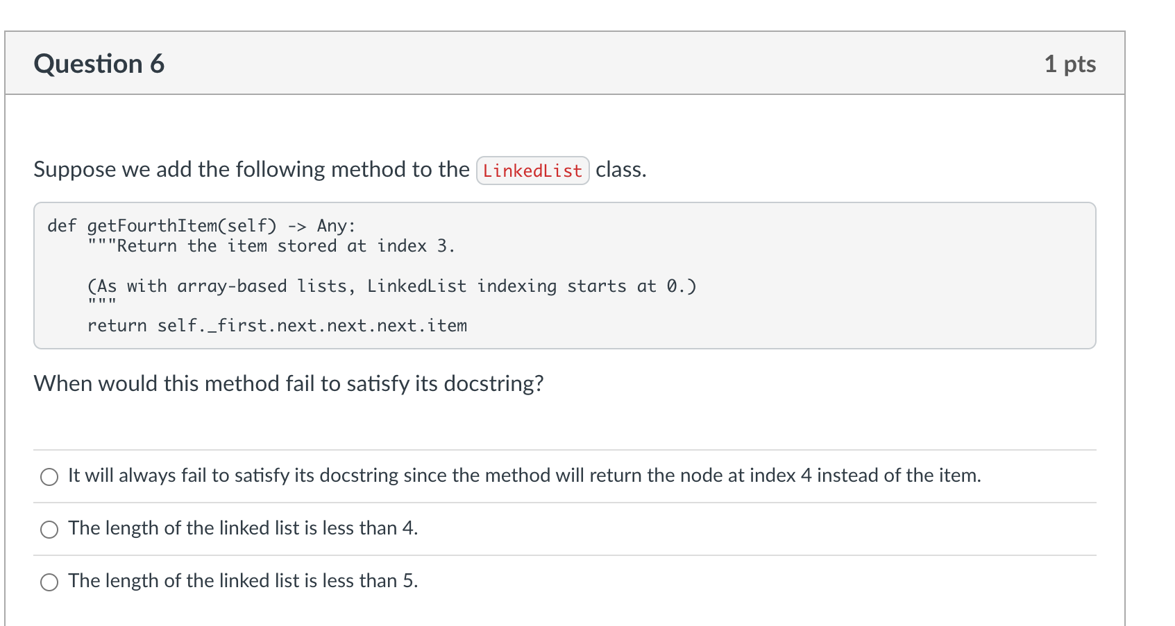 Solved Question 6 1 pts Suppose we add the following method | Chegg.com