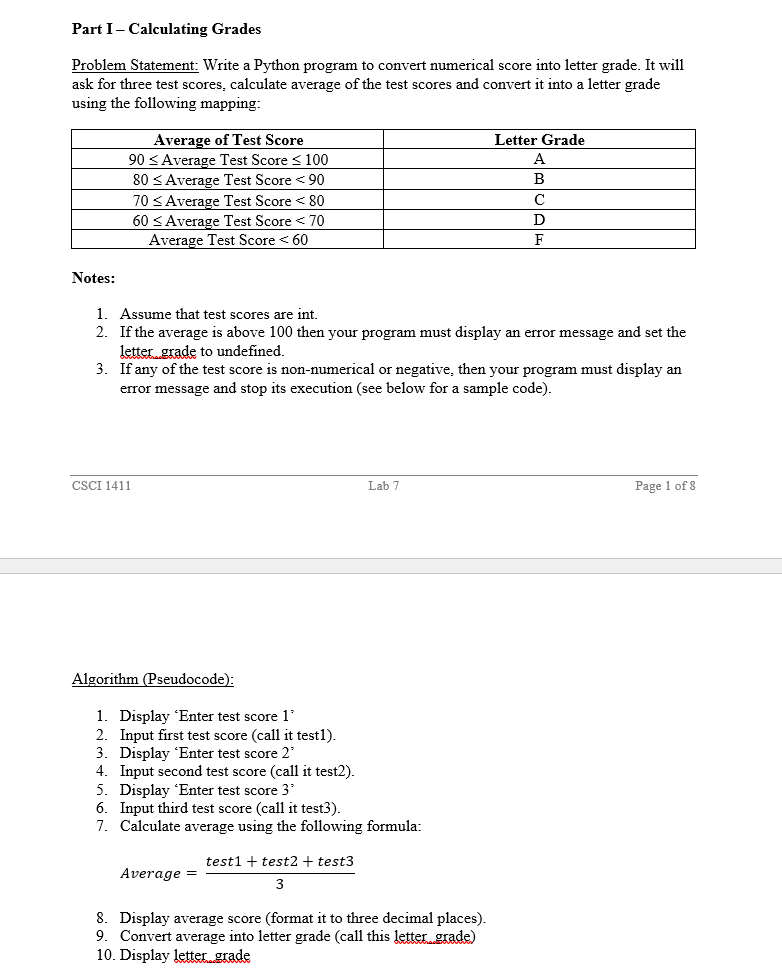 Solved Part I-Calculating Grades Problem Statement: Write a | Chegg.com