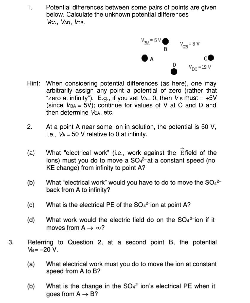 Solved 1. Potential differences between some pairs of points | Chegg.com