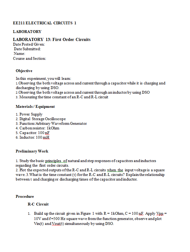 Solved EE211 ELECTRICAL CIRCUITS 1 LABORATORY LABORATORY 13: | Chegg.com