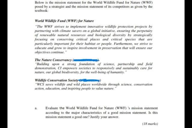 Solved Below is the mission statement for the World Wildlife | Chegg.com