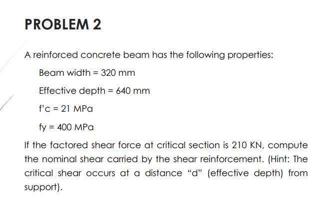 Solved PROBLEM 2 A reinforced concrete beam has the | Chegg.com